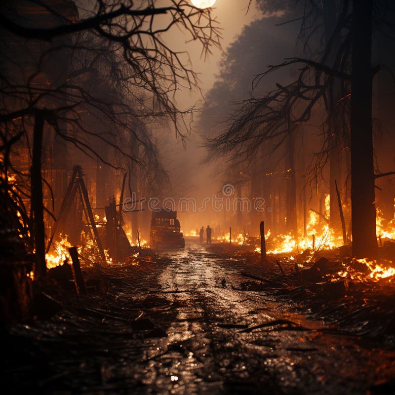 Horror Spooky Burning Forest Under the Full Moonlight. Stock ...