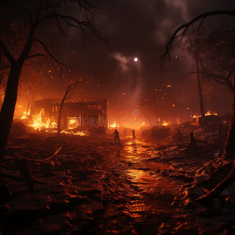 Horror Spooky Burning Forest Under the Full Moonlight. Stock ...