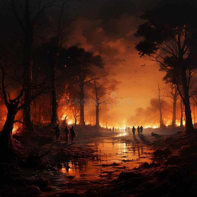 Horror Spooky Burning Forest Under the Full Moonlight. Stock ...