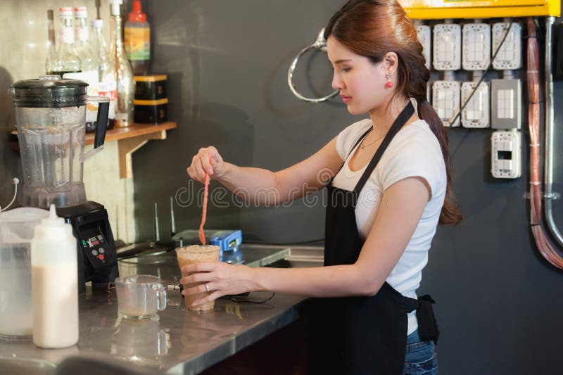 Asia Beautiful Female Bartender Makes Iced Coffee on Cafe Stock Photo ...