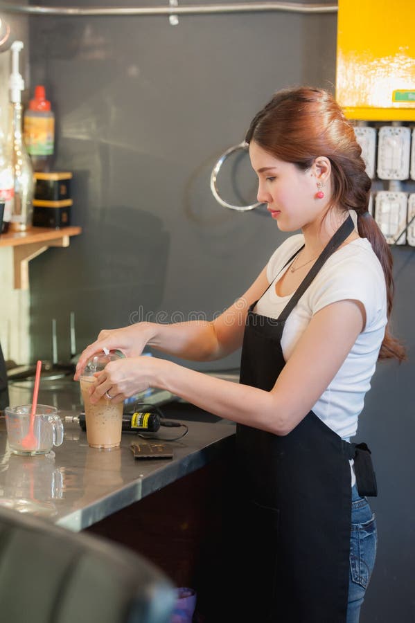 Asia Beautiful Female Bartender Makes Iced Coffee on Cafe Stock Photo ...
