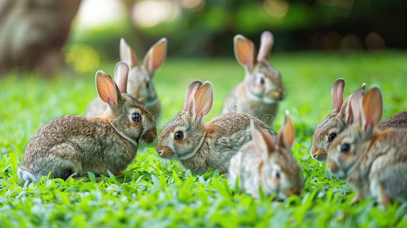 Asia Beautiful Rabbits on Green Grass Field. Generative Ai Stock ...