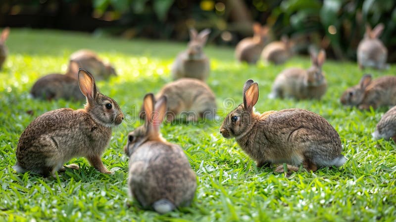 Asia Beautiful Rabbits on Green Grass Field. Generative Ai Stock ...