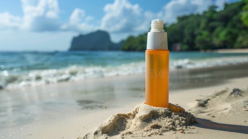 In Asia, a Bottle of Sunscreen Stands on the Beach Stock Photo - Image ...