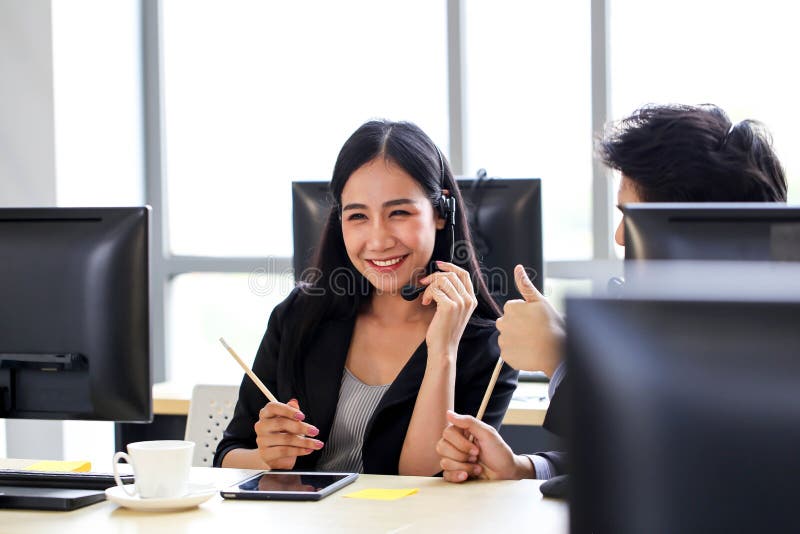 Asia Call Center Workers or Confident Business with Headset,Customer ...