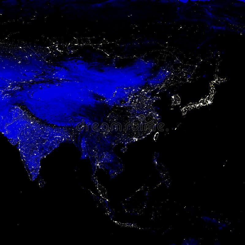 Asia Continent Electric Lights Map at Night. Electric Illumination of ...
