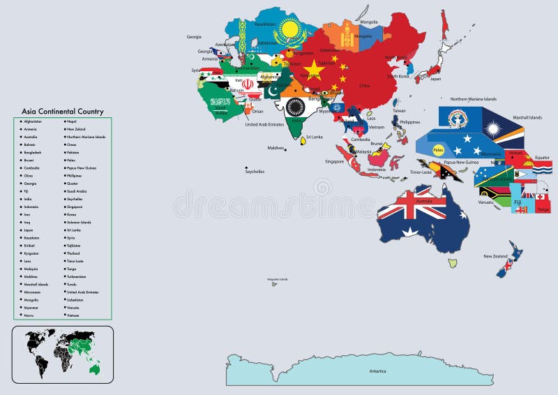 Asia Continental Country Flags and Map Stock Vector - Illustration of ...