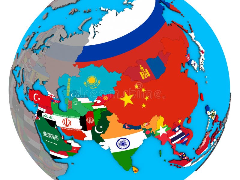 Asia with flags on 3D map stock photo. Image of continent - 130247368