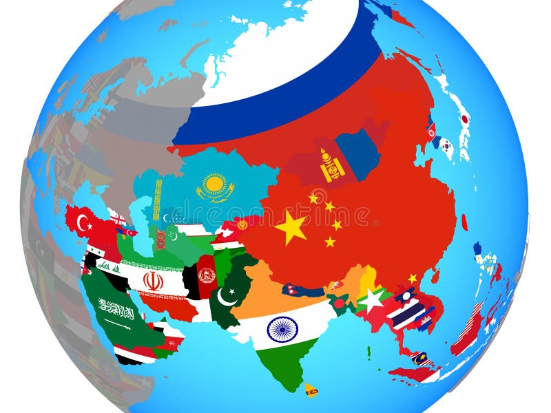 Asia with flags on map stock image. Image of symbol - 131059093