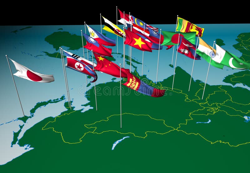 Asia Flags on Map (North View) Stock Illustration - Illustration of ...