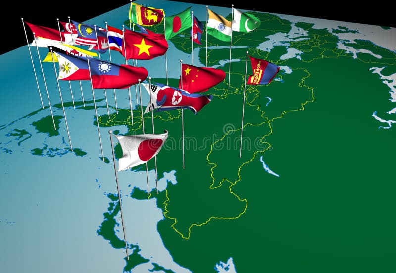 Asia Flags on Map (Northeast View) Stock Illustration - Illustration of ...