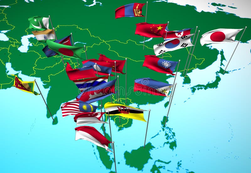 Asia Flags on Map (Southeast View) Stock Illustration - Illustration of ...