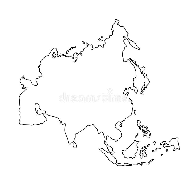Asia Hand Drawn Map, Continent Silhouette, Stylized Contour Borders ...