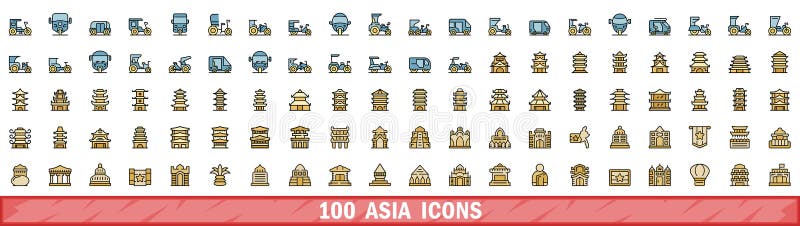 100 Asia Icons Set, Color Line Style Stock Illustration - Illustration ...