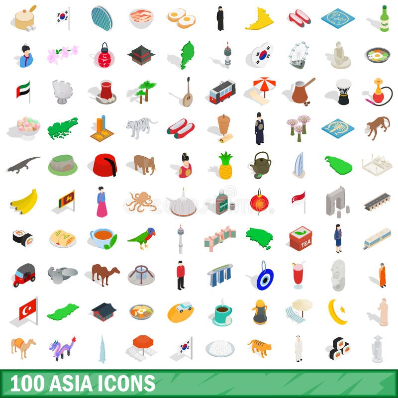 100 Asia Icons Set, Isometric 3d Style Stock Vector - Illustration of ...