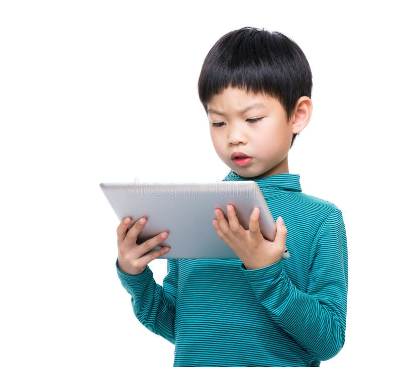 Asia Little Boy Reading on Tablet Stock Image - Image of playing ...
