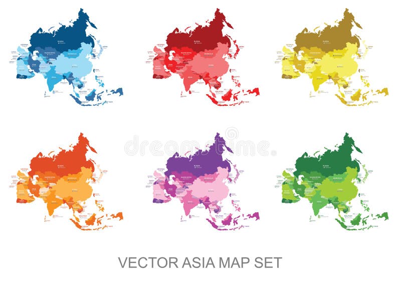 Abstract Multicolor Vector Design Set of Asia Map with States and Their ...