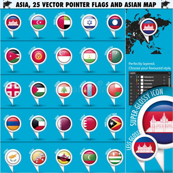Asia Map and Flags Pointer Icons Set2 Stock Vector - Illustration of ...