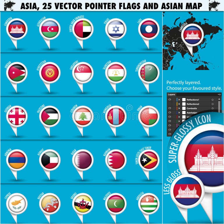 Asia Map and Flags Pointer Icons Set2 Stock Vector - Illustration of ...