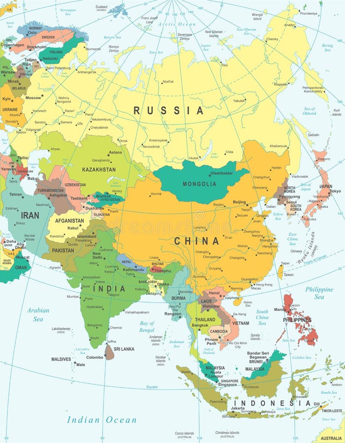 Asia - Map - Illustration. Colored and Grid. Stock Vector ...