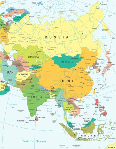 Asia - Map - Illustration. Colored and Grid. Stock Vector ...