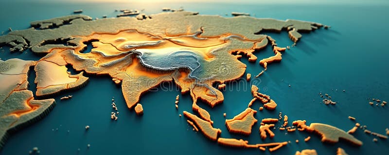 Asia Map Illustration with Digital Elevation Model, Cyber Tech Layers ...