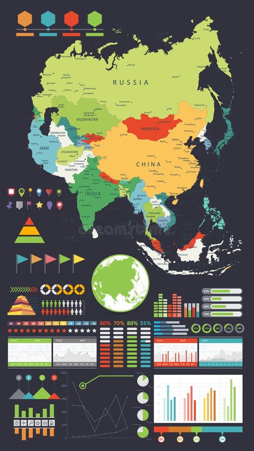 Asia Map and Infographics Design Elements Stock Vector - Illustration ...