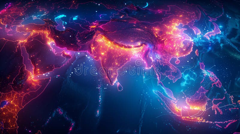 Asia map with neon effect stock illustration. Illustration of ocean ...