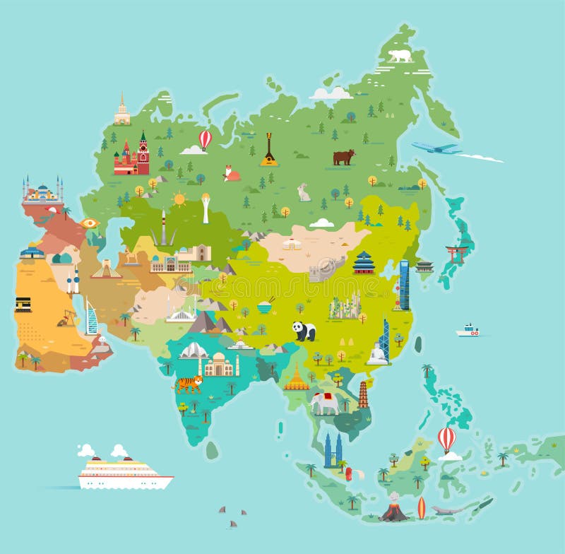 Asia Map. Tourist and Travel Landmarks Stock Vector - Illustration of ...