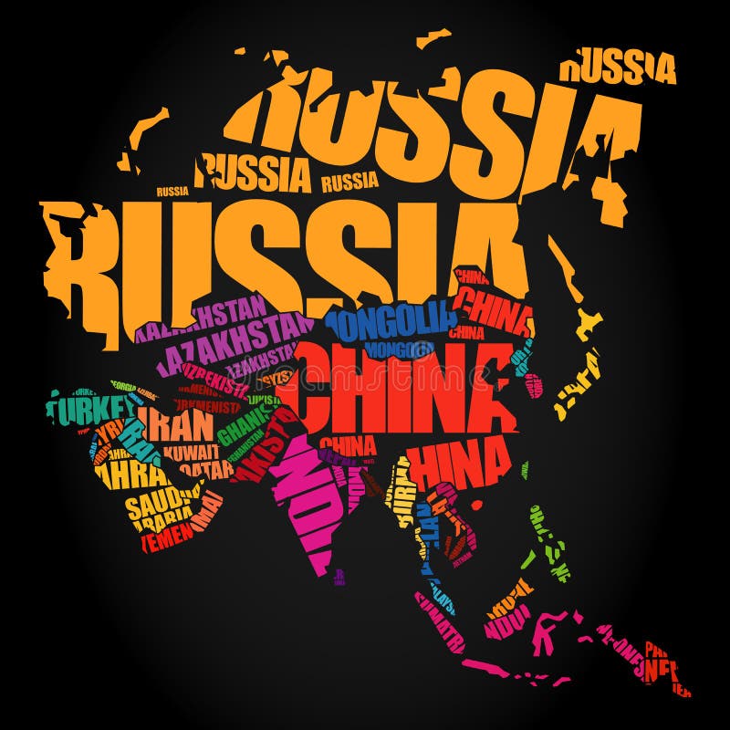 Asia Map in Typography-ordmoln Stock Illustrationer - Illustration av ...