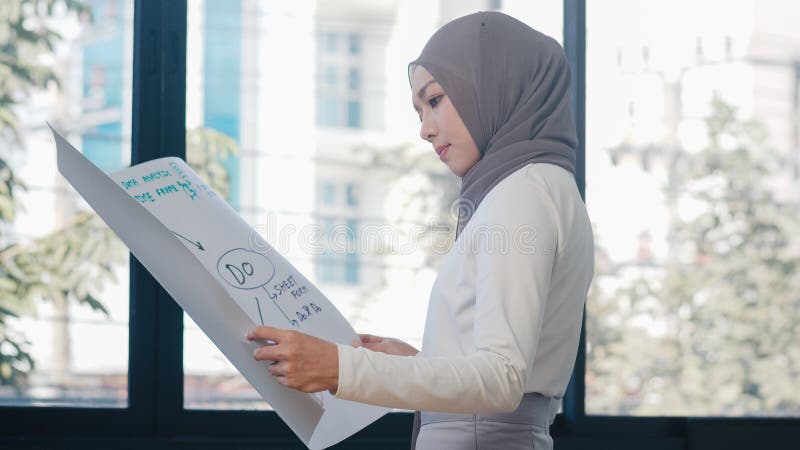 Asia Muslim Lady Drawing Work Plan Think Information Reminder on Paper ...