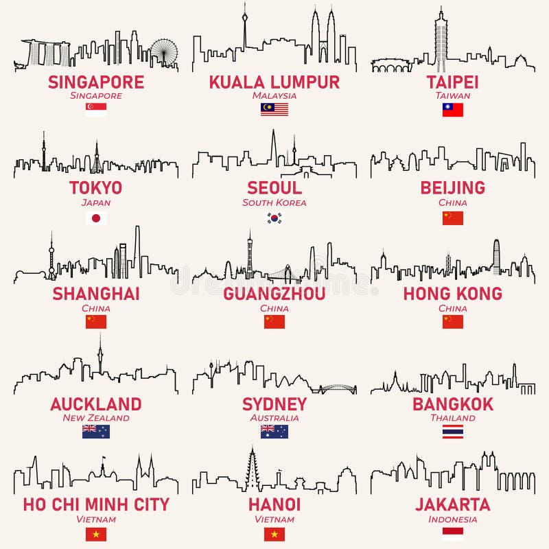 Asia and Oceania Cities Outline Skylines Vector Set Stock Vector ...