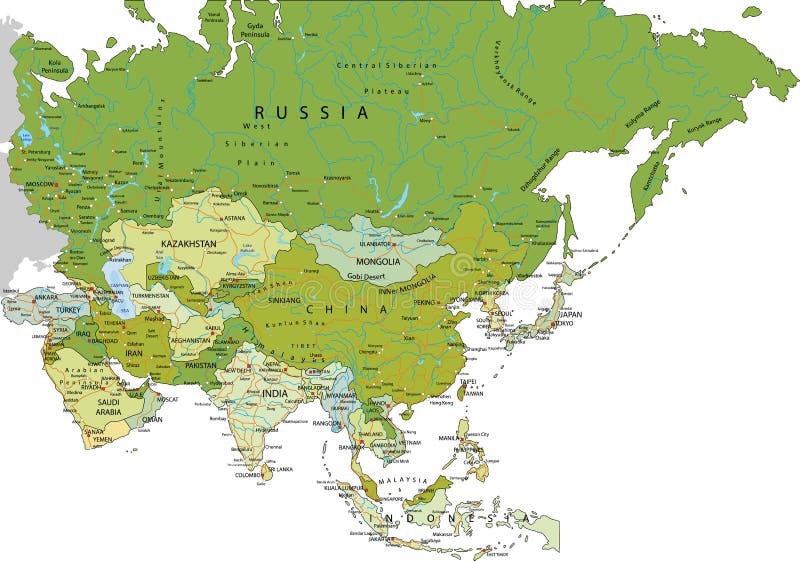 Detailed Asia Political Map in Mercator Projection. Clearly Labeled ...