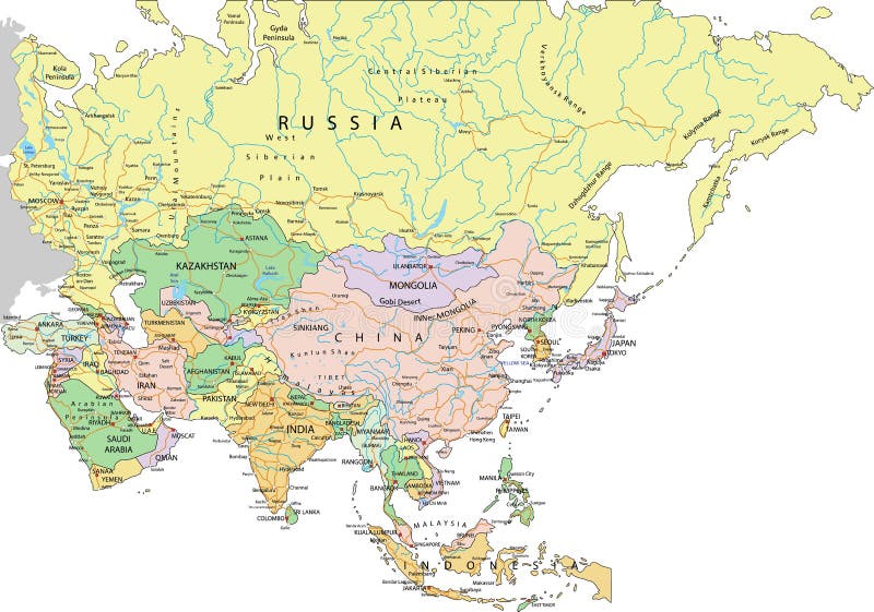 Asia Highly Detailed Map and Colored Map Pointers Stock Vector ...