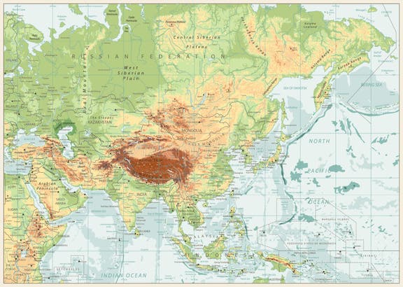 Asia Physical Map with Rivers, Lakes and Elevations Stock Vector ...