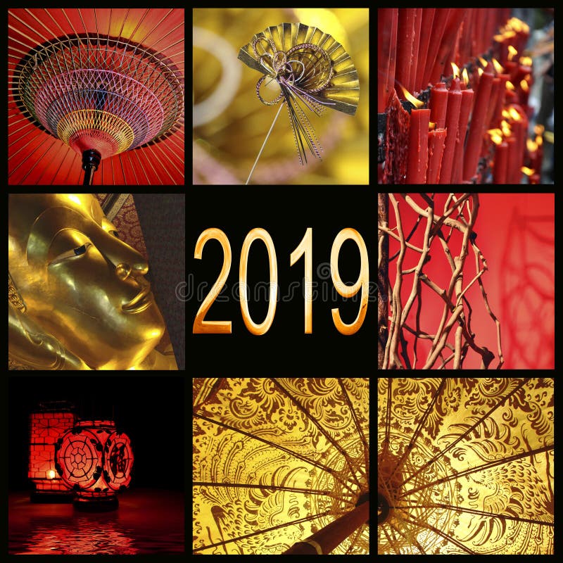 2019 Asia Red and Gold Zen Photo Collage Stock Photo - Image of ...