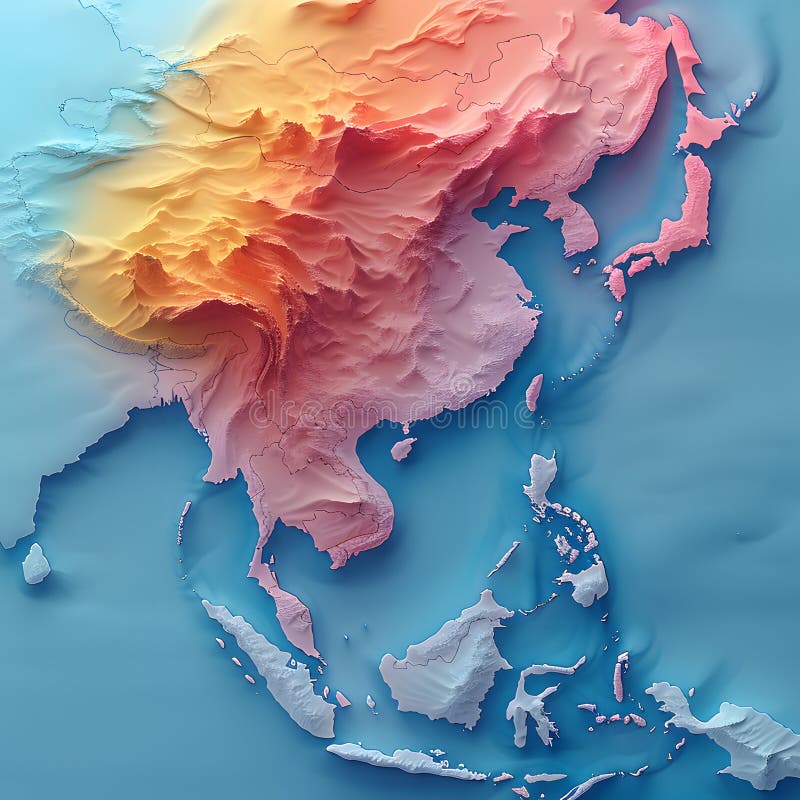 Asia Sunrise: Abstract Digital Map Illustration with Soft Gradients ...