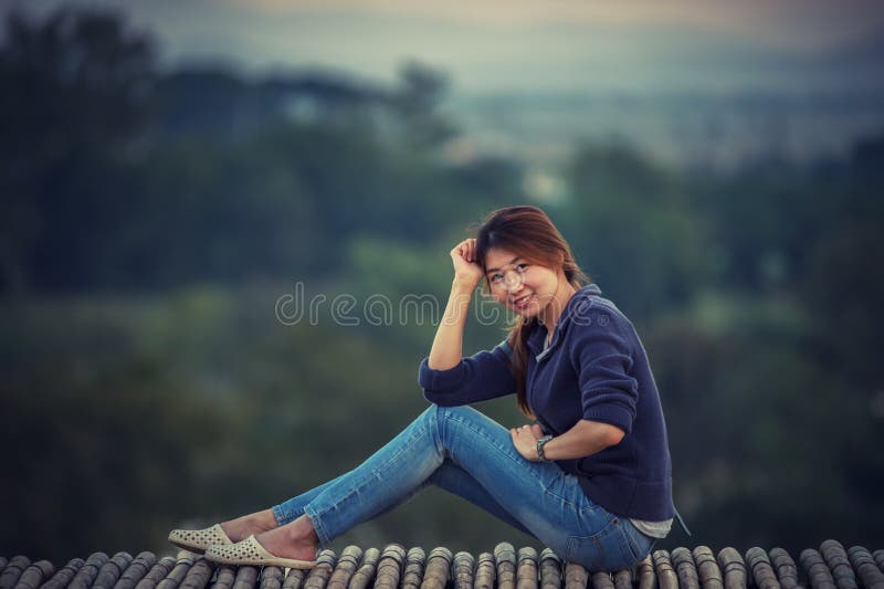 Asia Woman Posing on View Point Stock Photo - Image of carefree ...