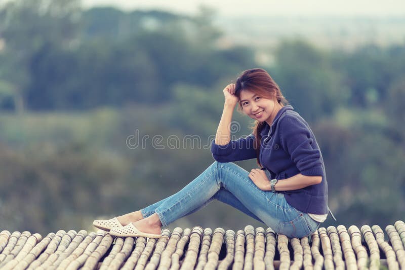 Asia Woman Posing on View Point Stock Photo - Image of mountains ...