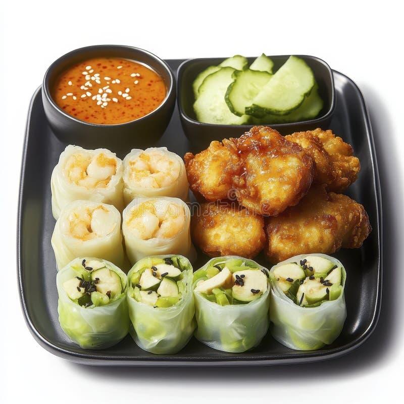 Asian Appetizer Platter Spring Rolls, Wontons, and Dipping Sauce Stock ...