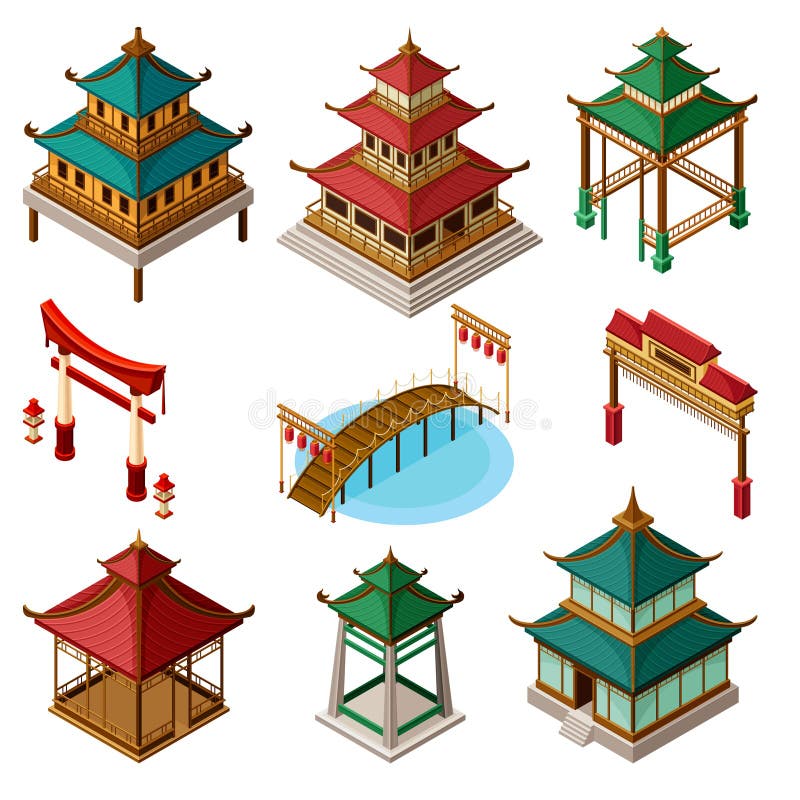 Asian Architecture with Pagoda, Gates and Bridges Isometric Vector Set ...