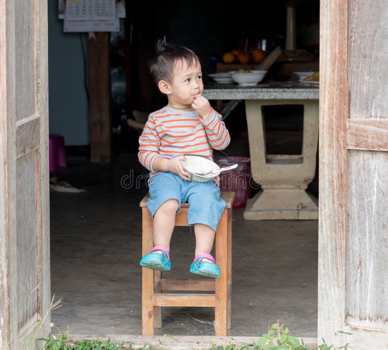 Asian Baby Boy Eating Fried Rice by Spoon by Him Self Stock Image ...