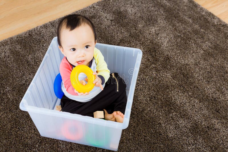 Asian Baby Boy Playing Inside the Plastic Box Stock Photo - Image of ...