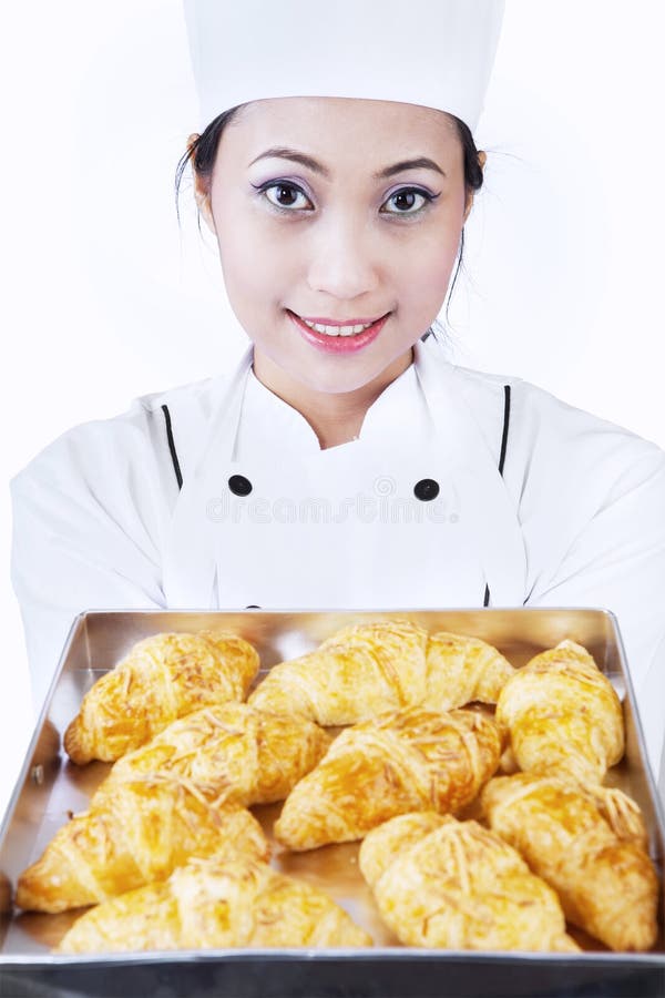 Baker Brings Croissant Isolated on White Stock Photo - Image of ...