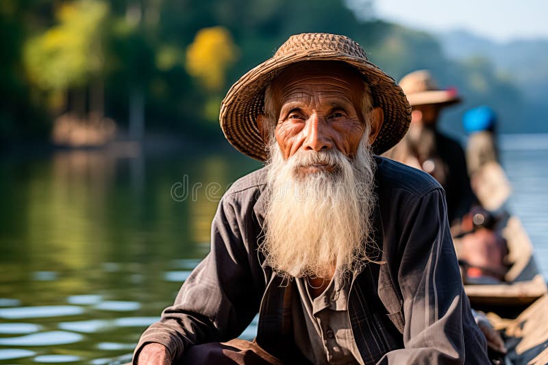 Asian Bearded Old Man on a Raft in a River Stock Illustration ...