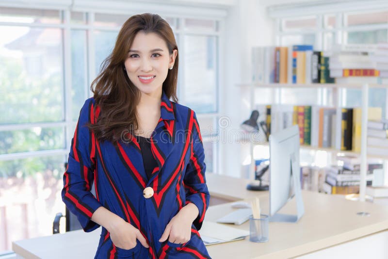 Asian Beautiful Working Woman Stands in Working Space As Work from Home ...