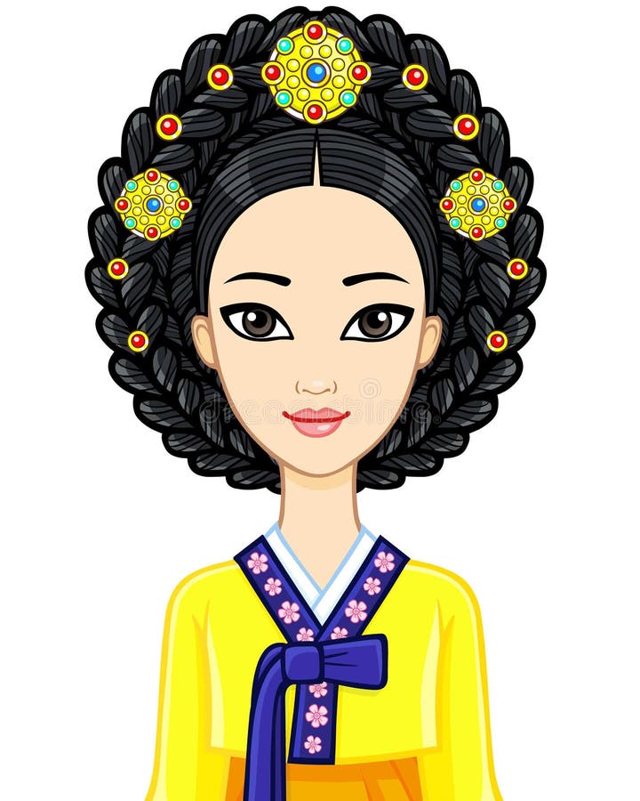 Asian Set Of Animation Portraits Of Young Korean Girls In Ancient