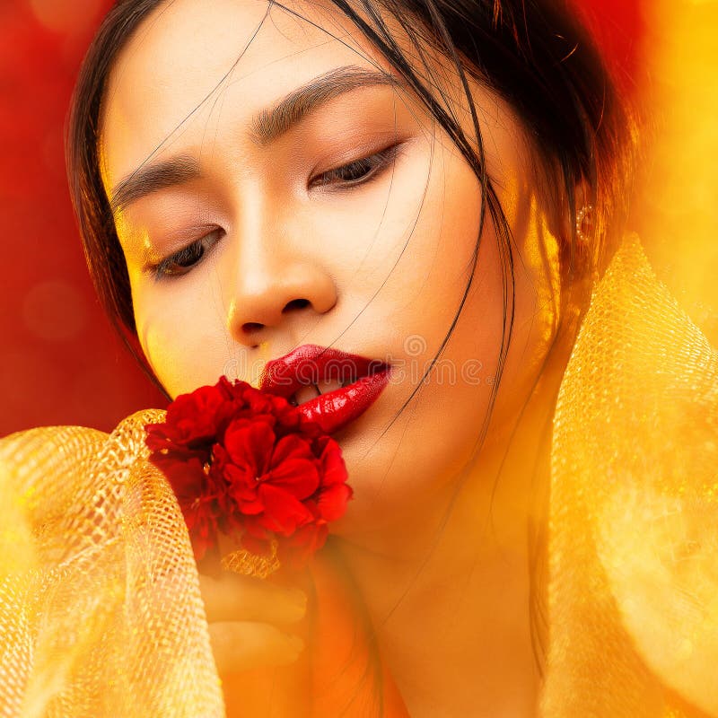 Beauty Model Face With Red Lips Asian Woman With Short Haircut Stock