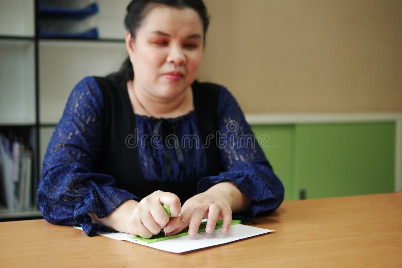 Asian Blind Person Woman Hands Writing Braille by Using Slate and ...
