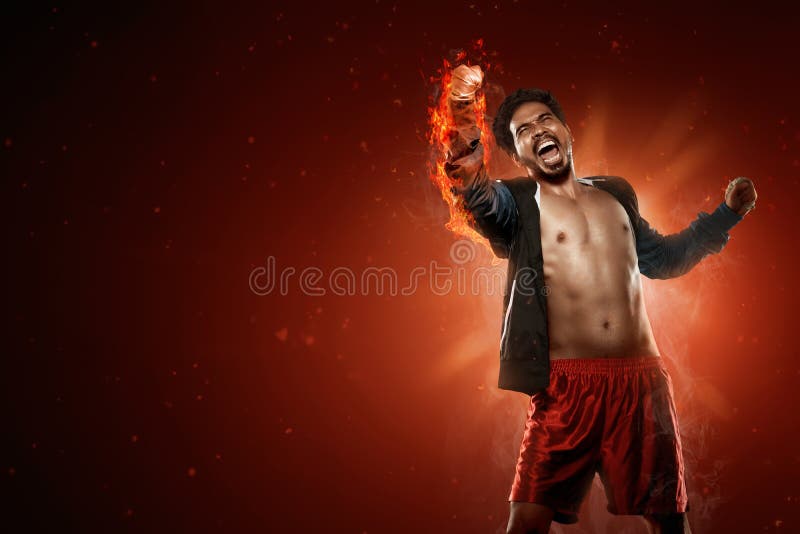 Asian Boxer Punching with Flame Around His Arm Stock Image - Image of ...